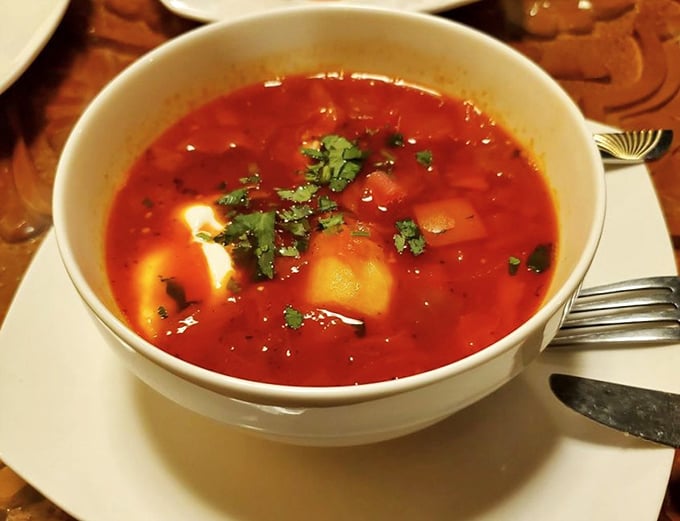 This isn't just borsch—it's liquid ruby, a symphony of beets and beef that makes you wonder why you ever bothered with other soups.