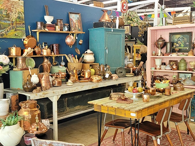 
Copper pots gleam like treasure in this kitchen-themed wonderland. Julia Child would have filled her station wagon with these beauties. 