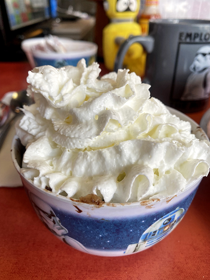 Cloud-like whipped cream tops this dessert served in a Star Wars bowl&mdash;proof that in space, no one can hear you dream about seconds.