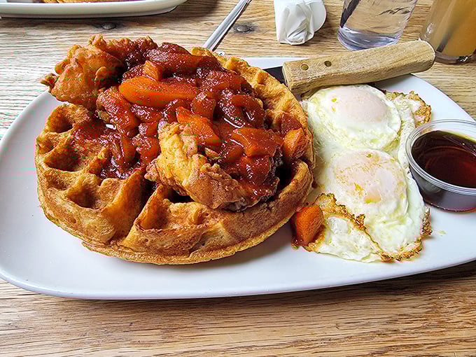 Crispy fried chicken meeting a golden waffle is the kind of union that restores your faith in humanity.