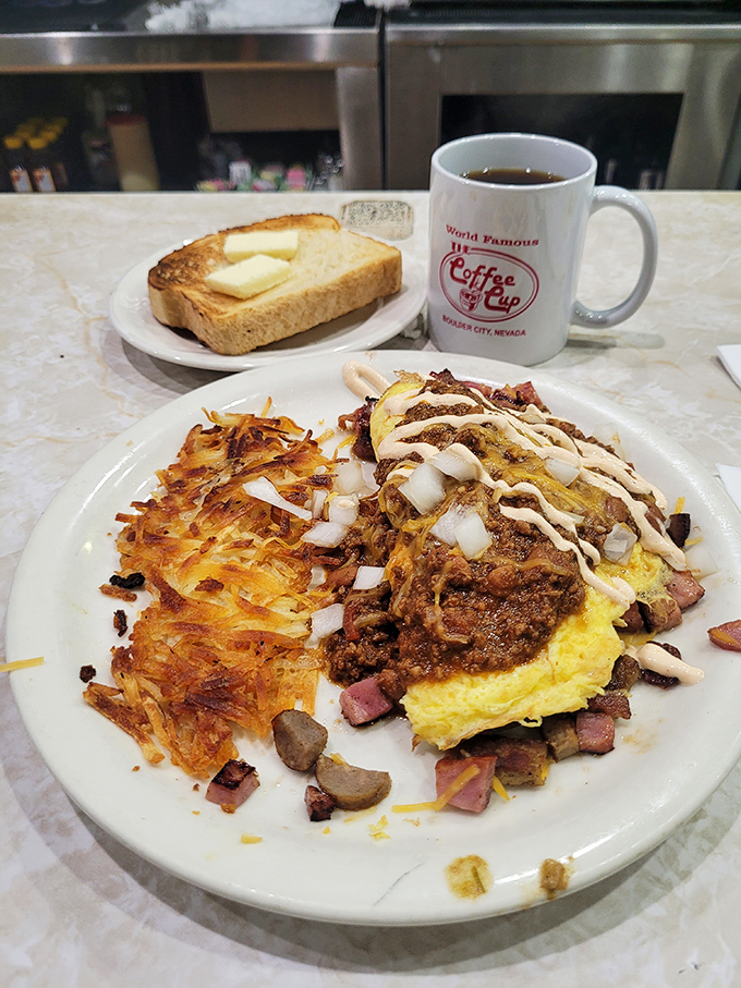 This isn't just breakfast, it's edible art &ndash; a masterpiece of eggs, meat, and hash browns that makes morning people out of night owls.