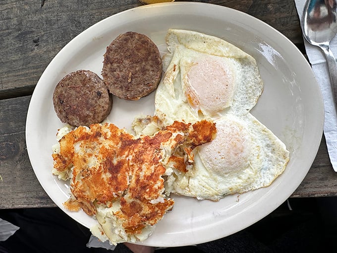 The Cowboy Classic breakfast plate doesn't mess around &ndash; eggs, sausage patties, and hash browns that would fuel even the most demanding cattle drive.