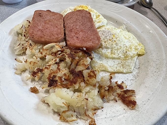 Eggs, hash browns, and SPAM&mdash;the holy trinity of Austin breakfast, arranged with the reverence it deserves.
