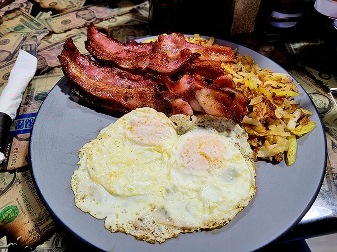 Breakfast nirvana: eggs with edges perfectly lacy, bacon with that ideal crisp-to-chewy ratio, and hash browns that deserve their own fan club.
