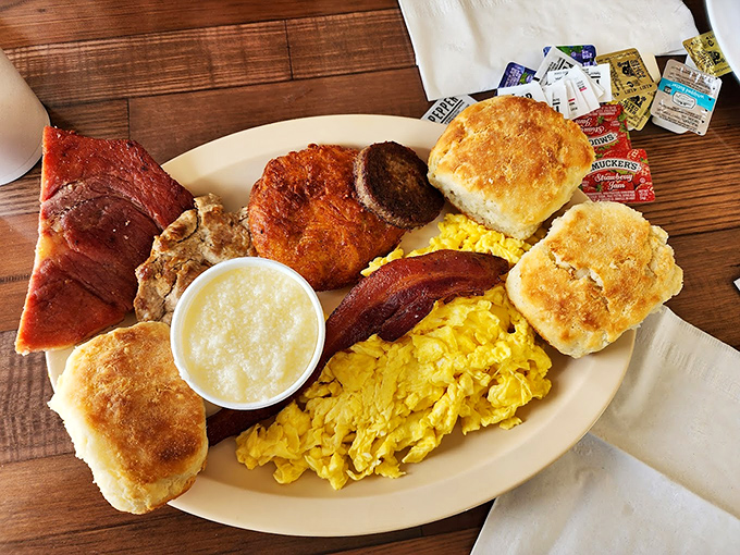 Breakfast nirvana on a plate. Those golden biscuits have the structural integrity to support dreams and the tenderness to heal heartbreak.