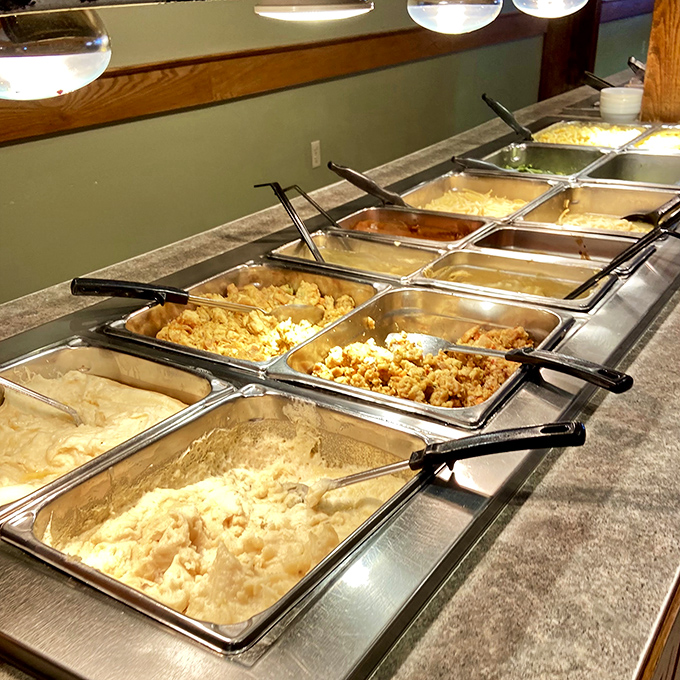 Comfort food central! This buffet line isn't just a meal—it's a parade of Midwestern classics that grandmother would approve of.