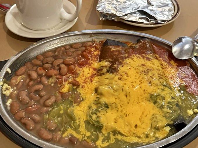 Christmas comes daily at Tia Sophia's with this red and green chile masterpiece. The beans aren't a side dish&mdash;they're an essential supporting character. 