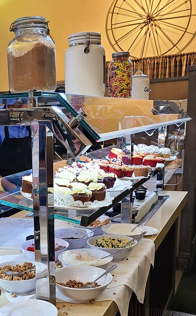Dessert station nirvana! Where cupcakes, puddings, and toppings coexist in a sugar-laden United Nations of sweetness that would make your dentist weep.
