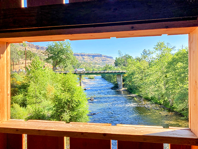 Looking out from inside the bridge offers a picture-perfect view of Butte Creek's crystal waters &ndash; nature's own infinity pool.