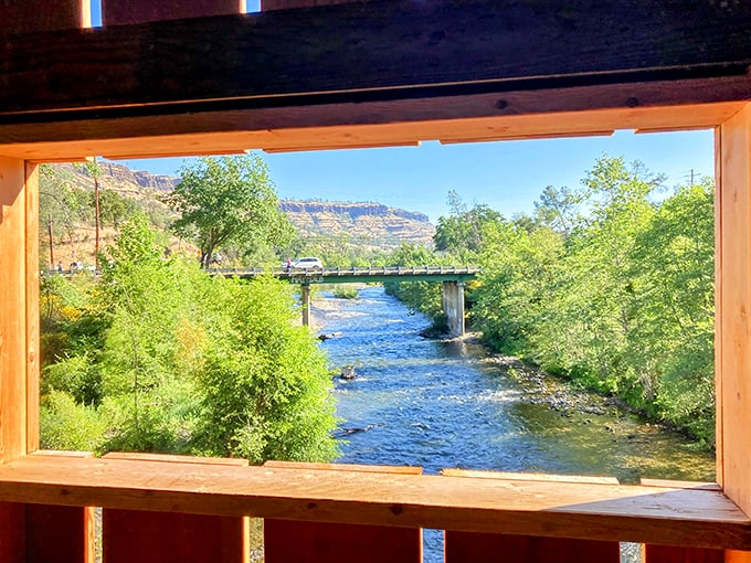 Room with a view! The bridge's windows frame Butte Creek like a living landscape painting that changes with every season.