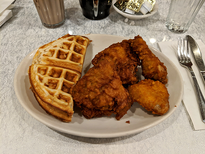 Chicken and waffles: where breakfast and dinner had a delicious baby that somehow improves on both parents.