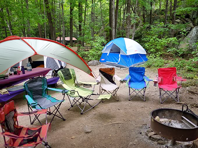 Camping in Vermont's forests &ndash; where cell service disappears but conversation flourishes. Those colorful chairs are waiting for stories and s'mores.