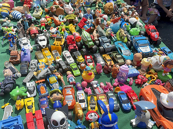 Childhood memories lined up in colorful formation. This toy vendor's display is like a time machine to Saturday mornings past.