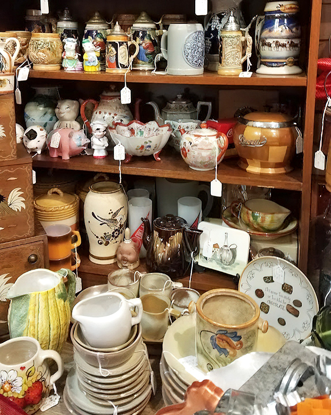 Shelves of ceramic history where your grandmother's teapot might be sitting next to someone else's wedding china.