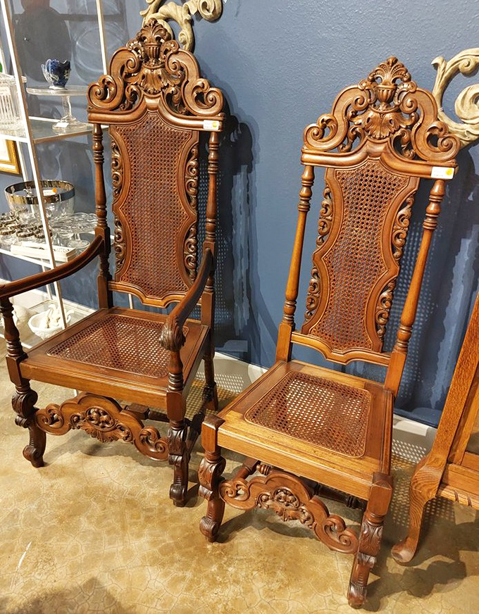 Throne-like chairs fit for royalty or that eccentric aunt who insists on "proper seating" for her afternoon tea rituals.