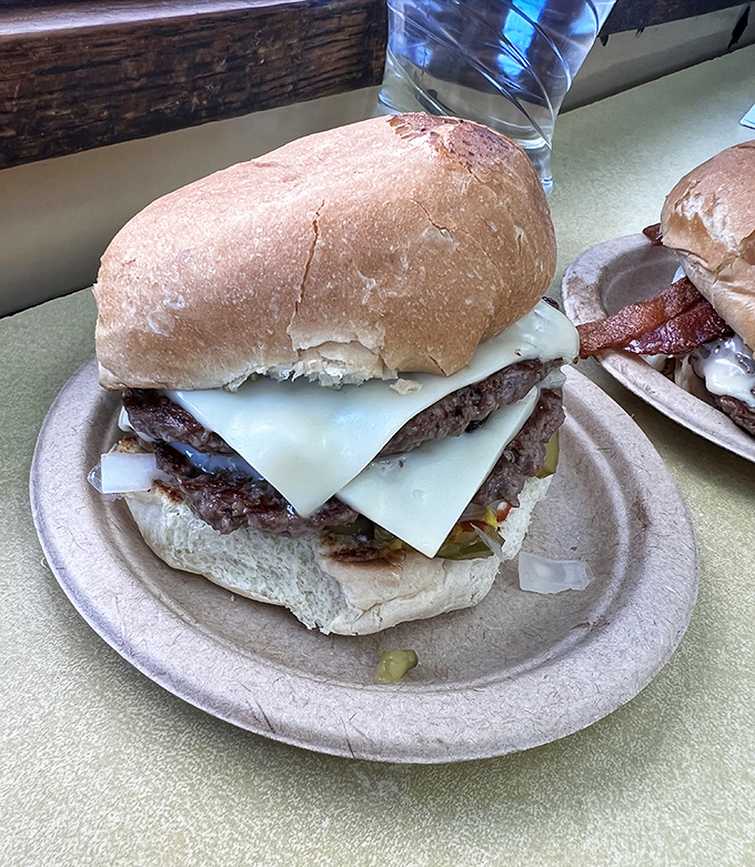 This isn't just a cheeseburger—it's edible poetry on a paper plate, with melted cheese cascading over a perfectly grilled patty.