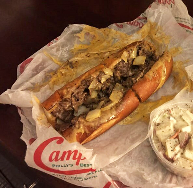Behold the Campo's cheesesteak in all its glory &ndash; ribbons of beef and molten cheese nestled in that perfect roll. Poetry in sandwich form.