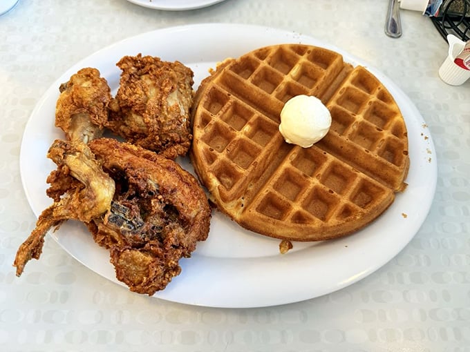 The holy matrimony of golden-brown waffle and perfectly crispy fried chicken &ndash; a breakfast romance that makes you believe in culinary soulmates.