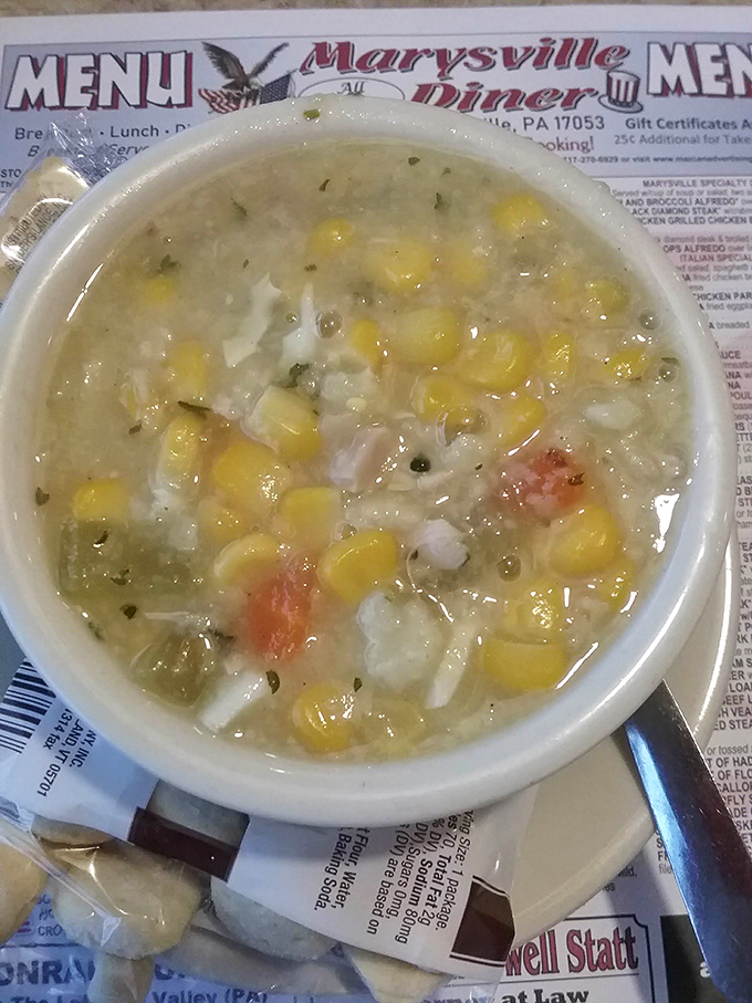 Liquid gold in a bowl – chicken corn soup with those telltale egg ribbons dancing among kernels of sunshine and tender chicken chunks.