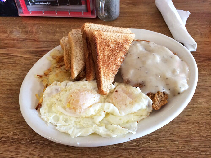 Eggs, toast, and country-fried steak &ndash; the holy trinity of heartland breakfast. This plate doesn't need Instagram filters to look absolutely magnificent. 
