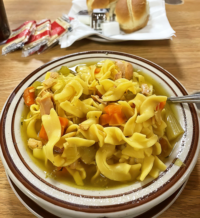 Behold the star attraction: chicken noodle soup with wide, perfectly chewy noodles swimming in golden broth alongside tender chicken chunks and bright vegetables.