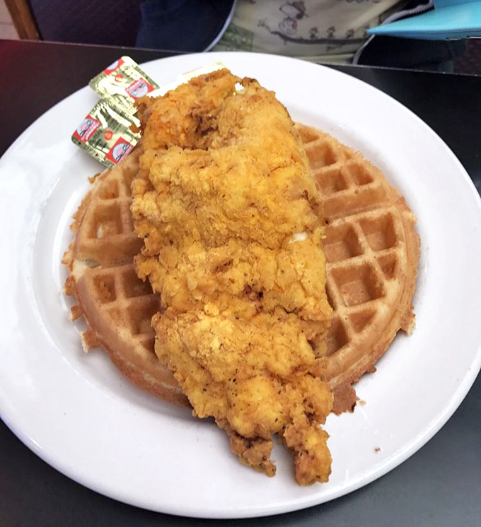 Chicken and waffles: the breakfast-dinner hybrid that proves some of history's best ideas came from delicious compromise. A golden masterpiece.