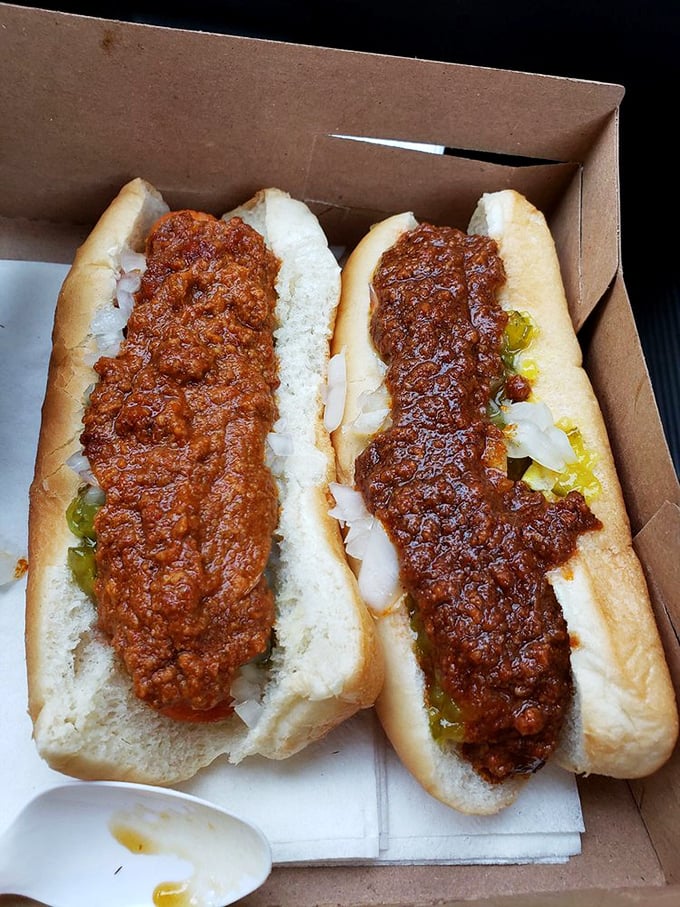 Chili dogs that mean business. These aren't dainty appetizers—they're hearty handfuls of beefy, spicy goodness that demand both napkins and respect.