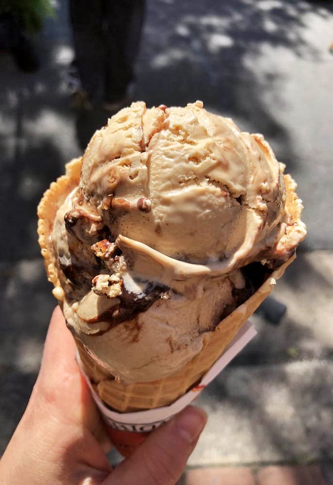 Behold the chocolate peanut masterpiece &ndash; where salty meets sweet in a waffle cone romance for the ages.