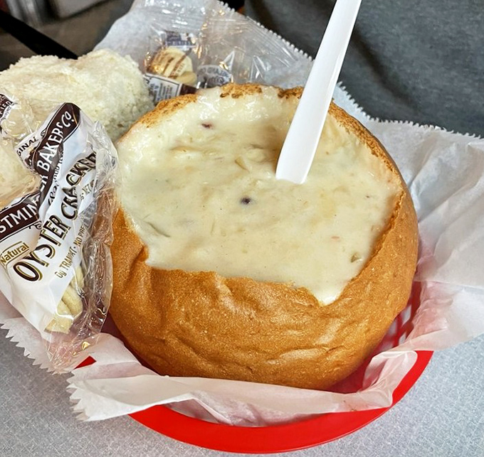 Bread bowl brilliance! This clam chowder isn't just a soup, it's an edible masterpiece where the vessel is as delicious as what's inside.