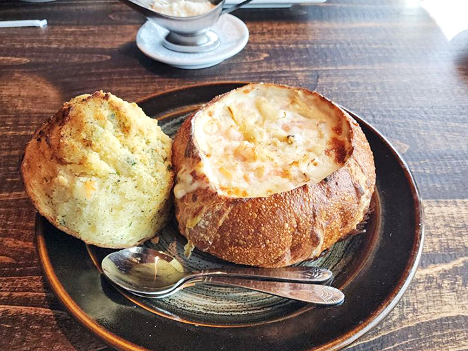 Behold the crown jewel: their legendary clam chowder in a sourdough bread bowl. It's not soup, it's an edible California landmark.