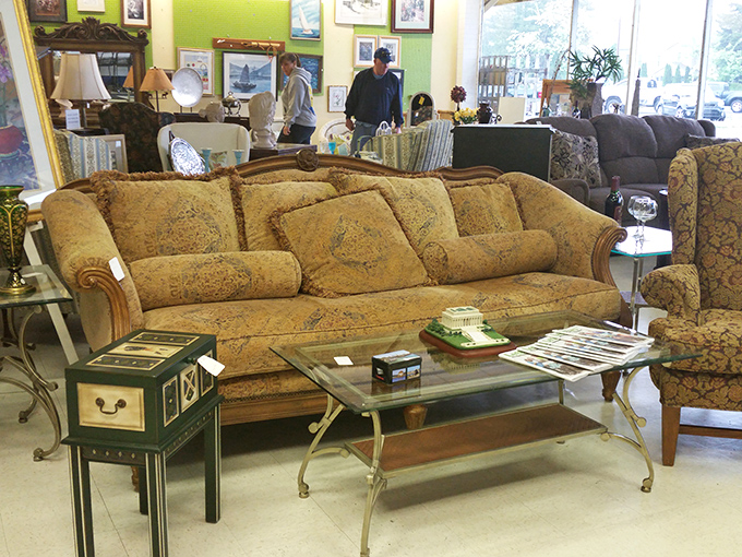 This golden brocade sofa has hosted countless family discussions and now waits for its second act &ndash; perhaps in your living room?