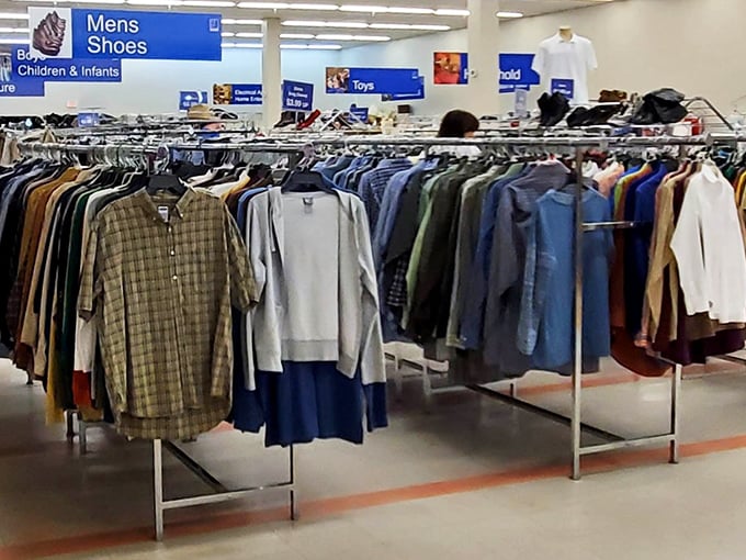 The men's section: where Hawaiian shirts from canceled cruises and barely-worn business attire find their second act.