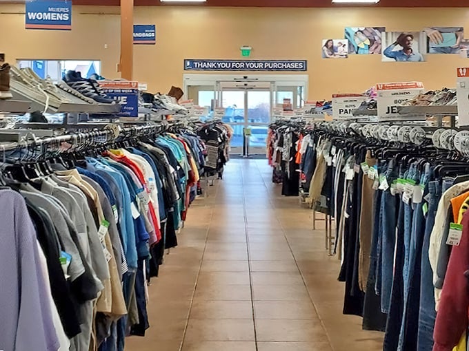 The men's section: where Hawaiian shirts that witnessed casino wins and corporate retreats hang hopefully, awaiting their second act.