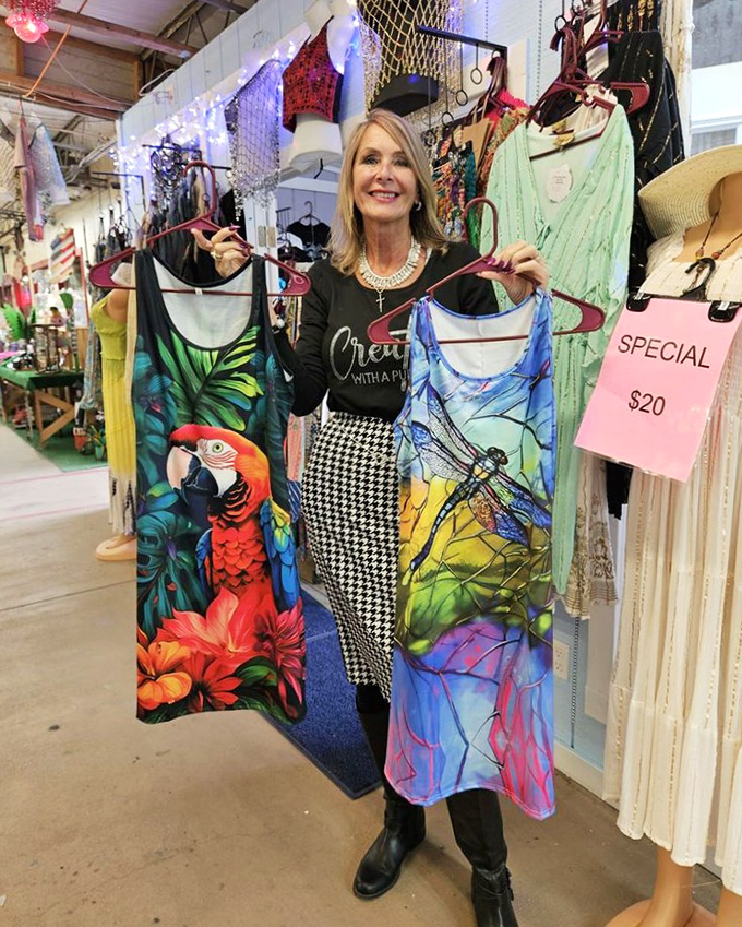 Colorful tropical patterns transform ordinary clothing into wearable Florida sunshine. Even the parrot seems impressed with these vibrant finds.