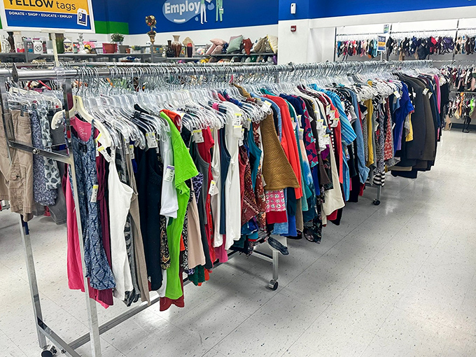 The clothing section: where yesterday's impulse buys become tomorrow's fashion statements. Color-coded for the serious thrift detective.