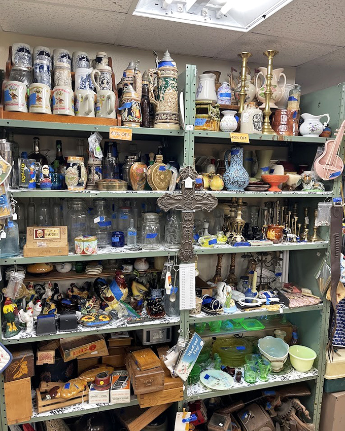 Grandma's china cabinet meets museum-worthy collection. These shelves tell stories of Sunday dinners and special occasions from decades past.