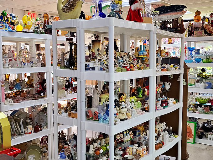 Figurine heaven! Each shelf tells a different story, with hundreds of tiny characters waiting for someone to continue their narrative in a new home.