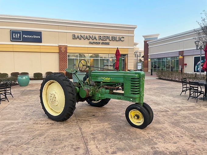 That vintage John Deere tractor parked outside Banana Republic is the perfect husband waiting spot&mdash;"I'll be right here, honey, take your time."