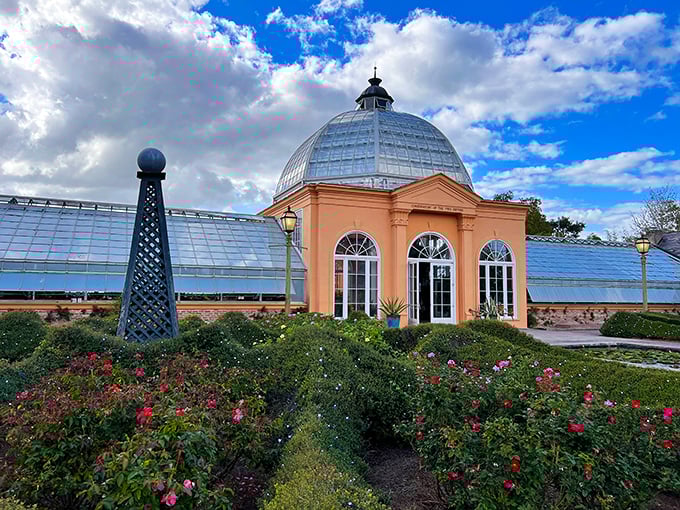 The Conservatory's peachy dome rises like a botanical cathedral. This glass sanctuary houses tropical treasures that would otherwise wilt faster than my resolve near a beignet stand.