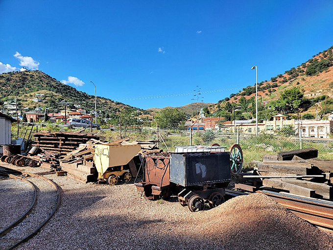 Mining equipment stands as rusty sentinels of Bisbee's copper-rich past, reminding visitors that this artsy town was built on industrial grit.