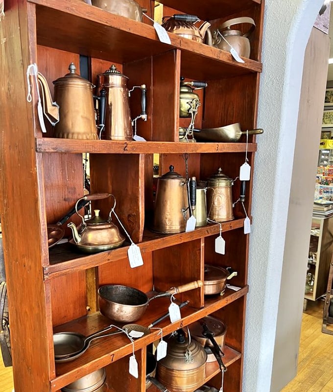 These copper coffee pots have poured morning brews for generations. If they could talk, imagine the breakfast conversations they've witnessed!