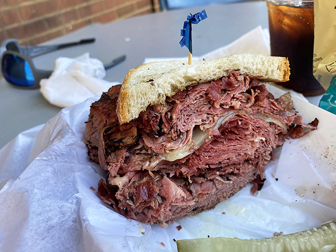 Not so much a sandwich as a geological event&mdash;layers upon layers of thinly-sliced corned beef creating their own delicious topography.