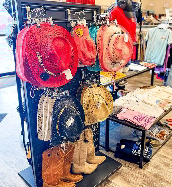 Cowboy boots and colorful sun hats stand ready for your next country concert or garden party&mdash;Western chic meets practical protection in this corner.