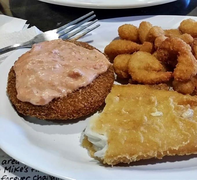 Golden-brown perfection! This crab cake's crispy exterior gives way to sweet, tender chunks of real crab&mdash;a coastal delicacy that somehow found its way to landlocked Ohio.