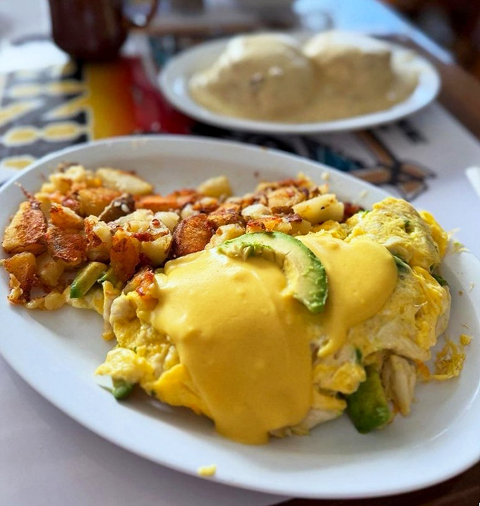This avocado omelet with hollandaise isn't just breakfast – it's edible sunshine with a side of perfectly crisped potatoes that deserve their own fan club.