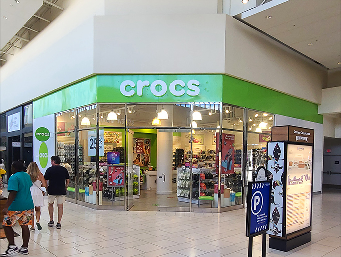 The Crocs store: where comfort and fashion have their occasional truce. Those bright green walls are almost as bold as wearing Crocs to a formal dinner.