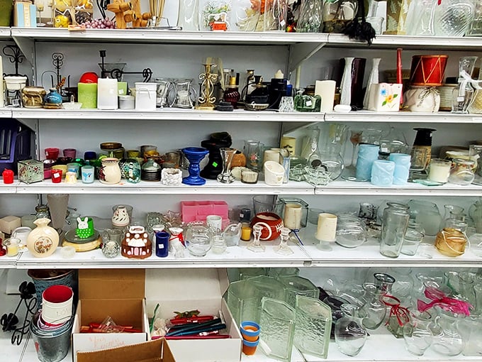 Knickknacks and nostalgia line these shelves, each item whispering stories of past lives while awaiting its next chapter.