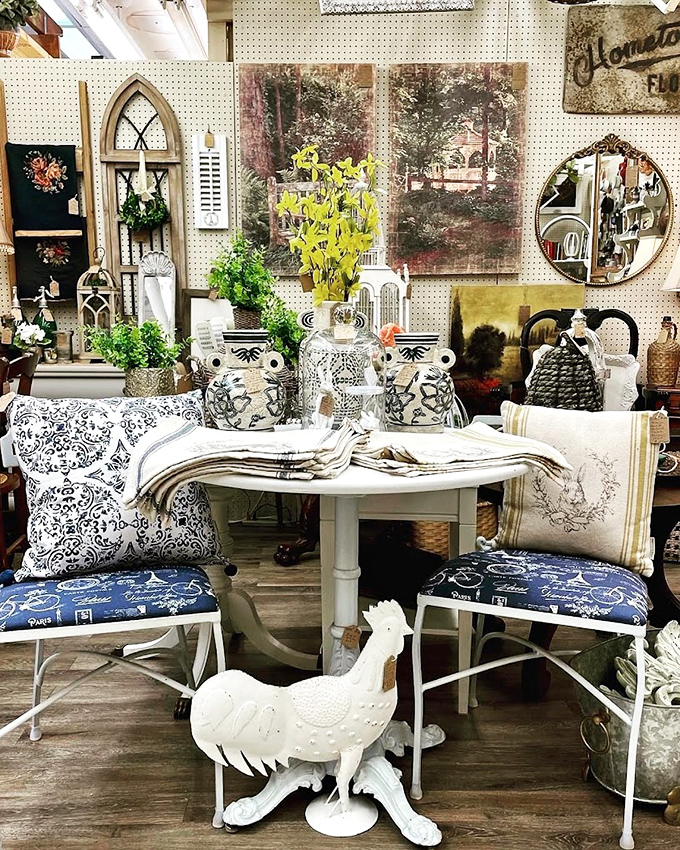French country meets Southern charm in this vignette. That rooster weathervane is practically begging to announce dawn from your kitchen counter. 
