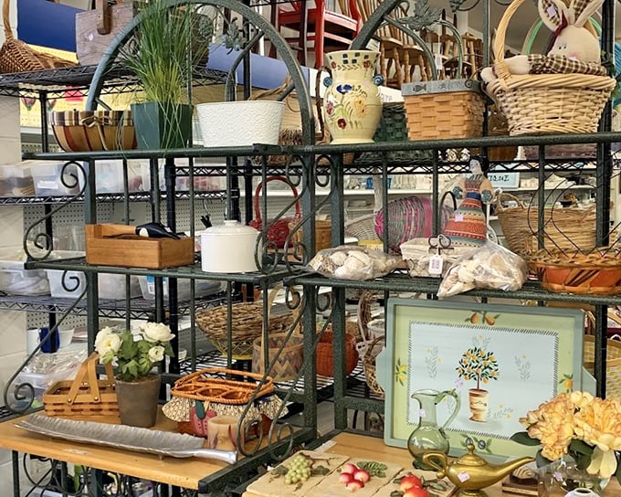 The wrought-iron shelving section: where your garden dreams and basket obsession can peacefully coexist without judgment from your wallet.