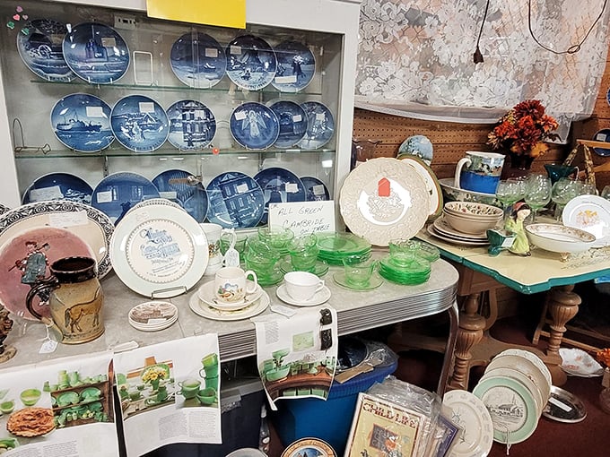 Blue and white delftware meets Depression glass in this cornucopia of tableware that makes modern dining sets look positively boring by comparison.